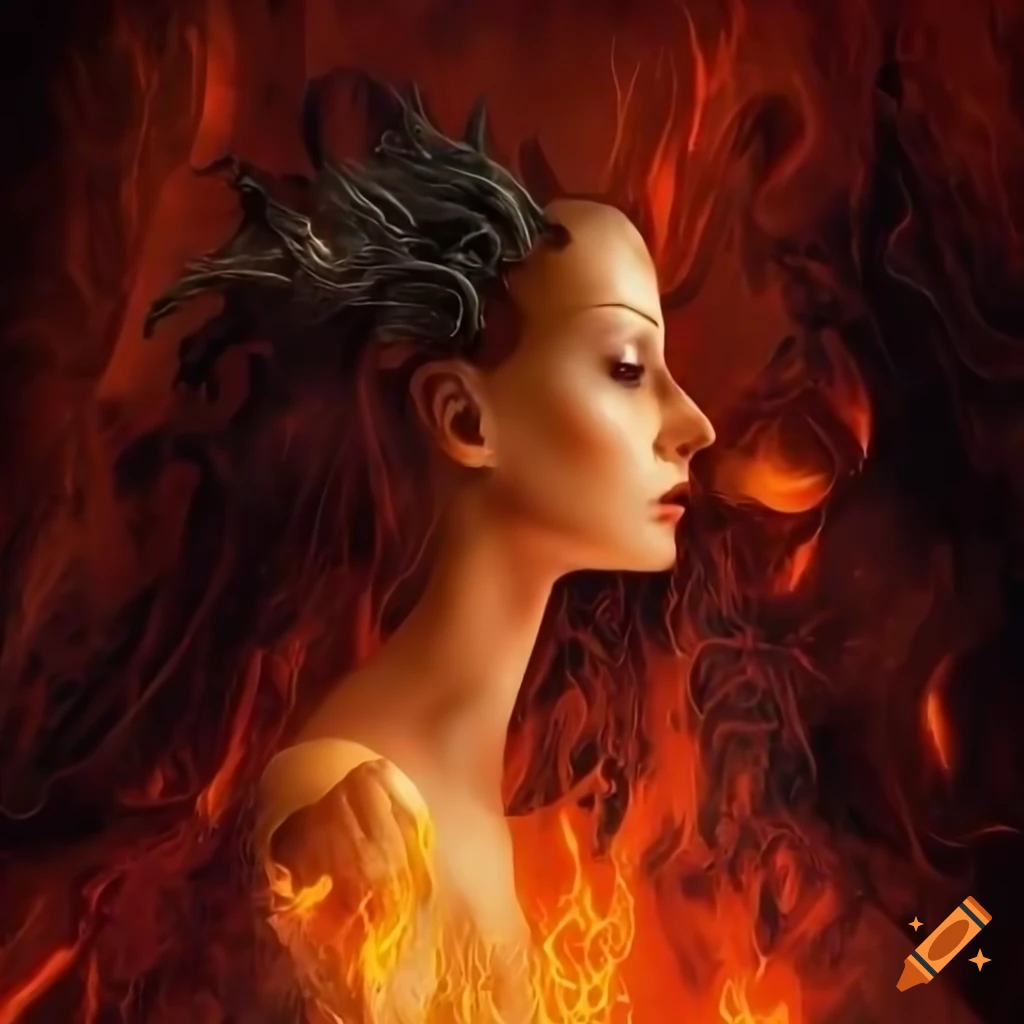 Illustration of a woman rising from flames on Craiyon