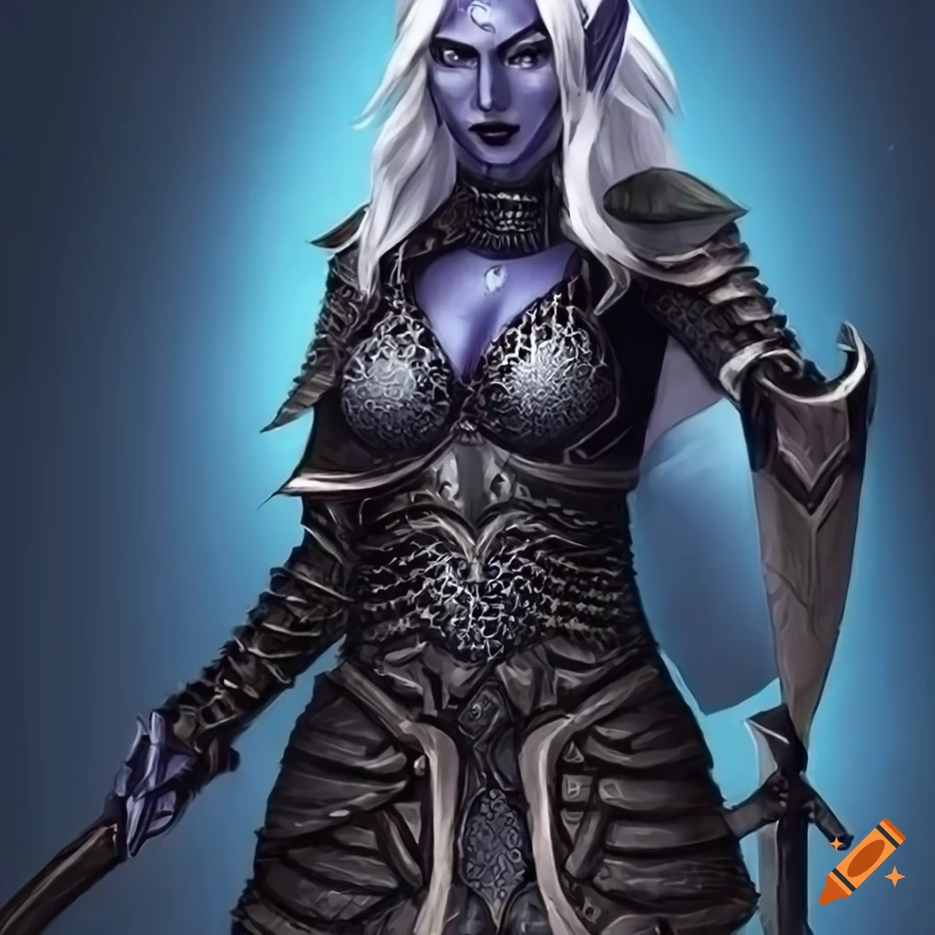Heroic drow woman with black skin and dragon scale armor on Craiyon