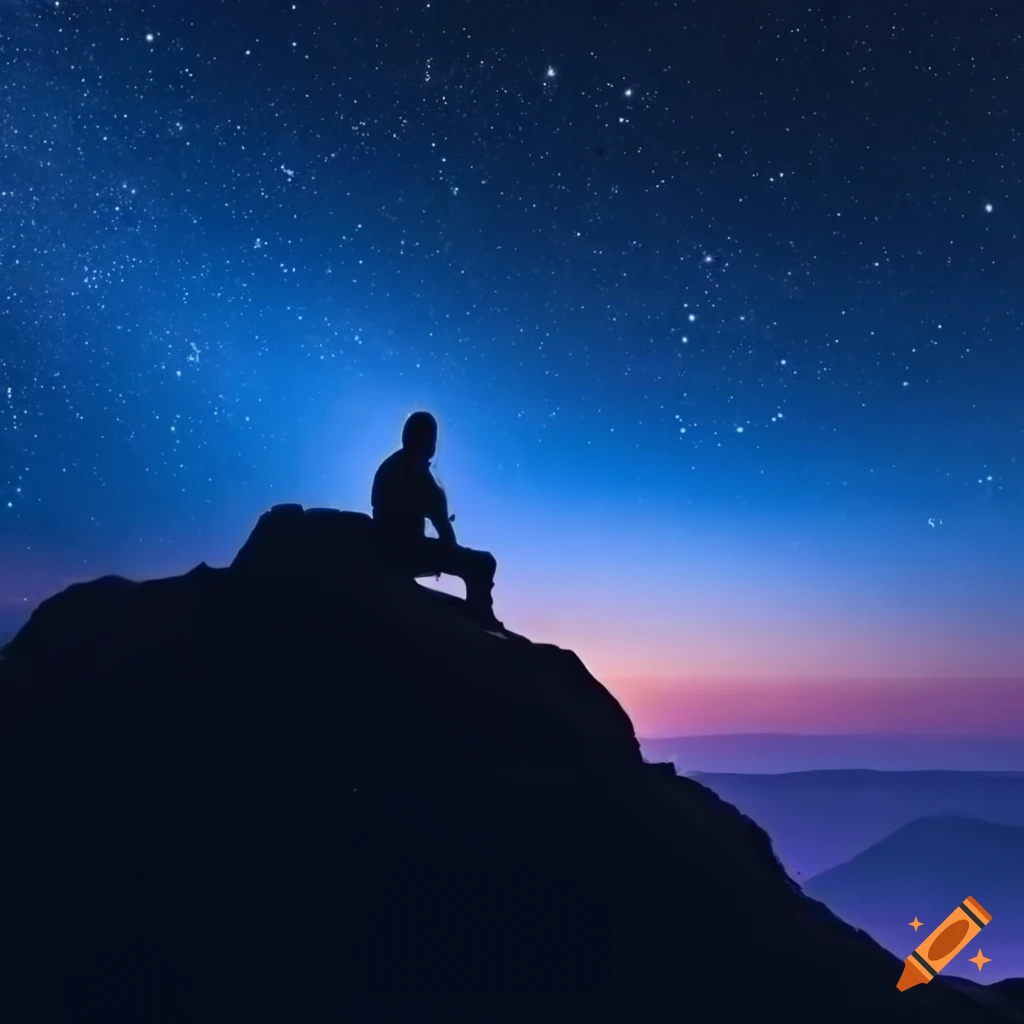 Man sitting alone on a mountain at night with Saturn in the sky on Craiyon