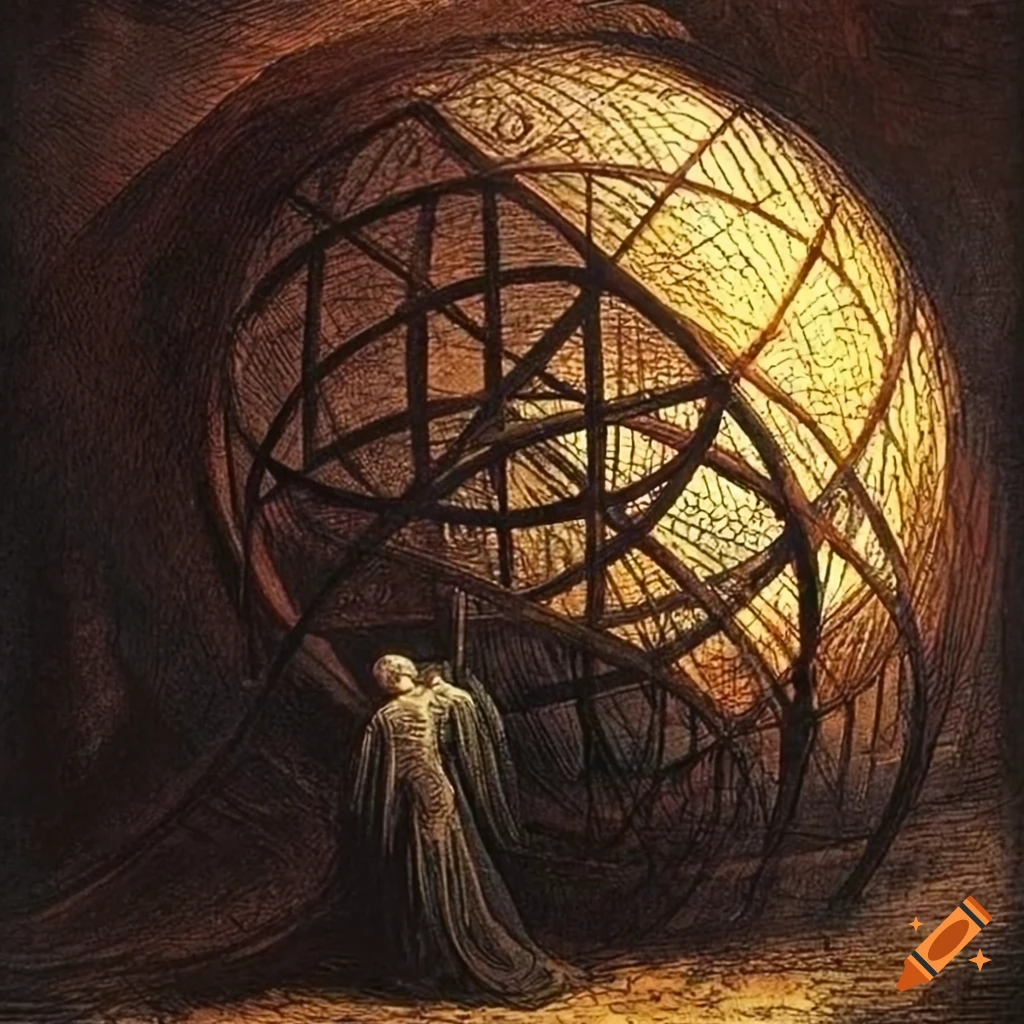 Illustration of a spherical cage in Gustave Doré style on Craiyon