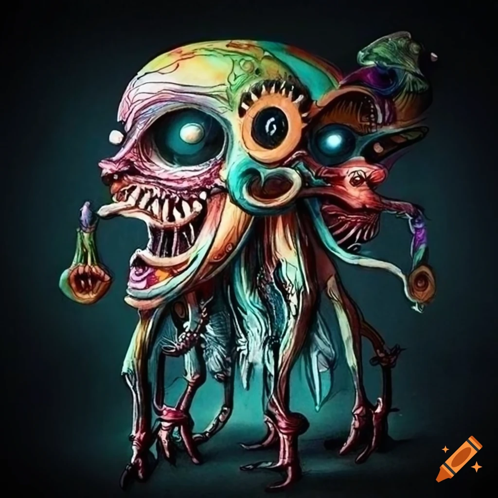 Surrealist drawing with various creatures and objects on Craiyon