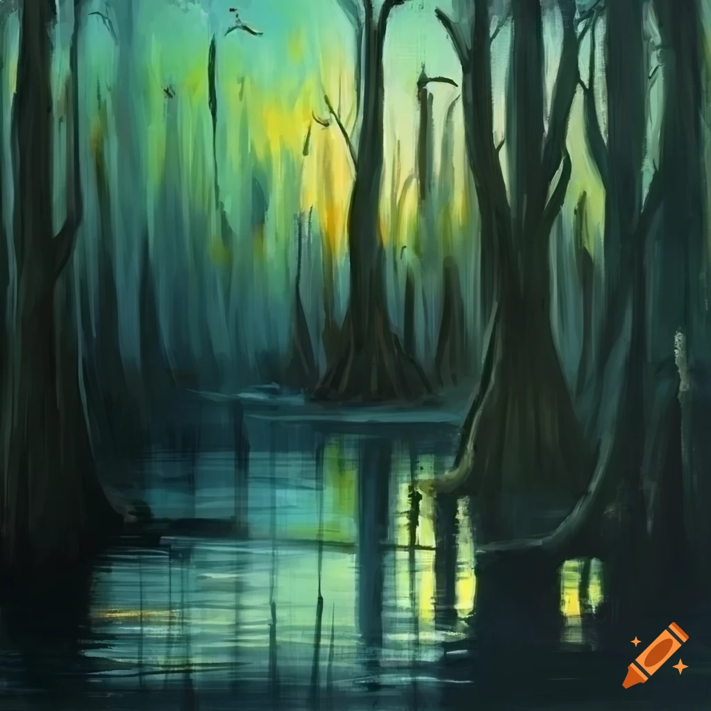 Dark and mysterious oil painting of a swamp forest on Craiyon