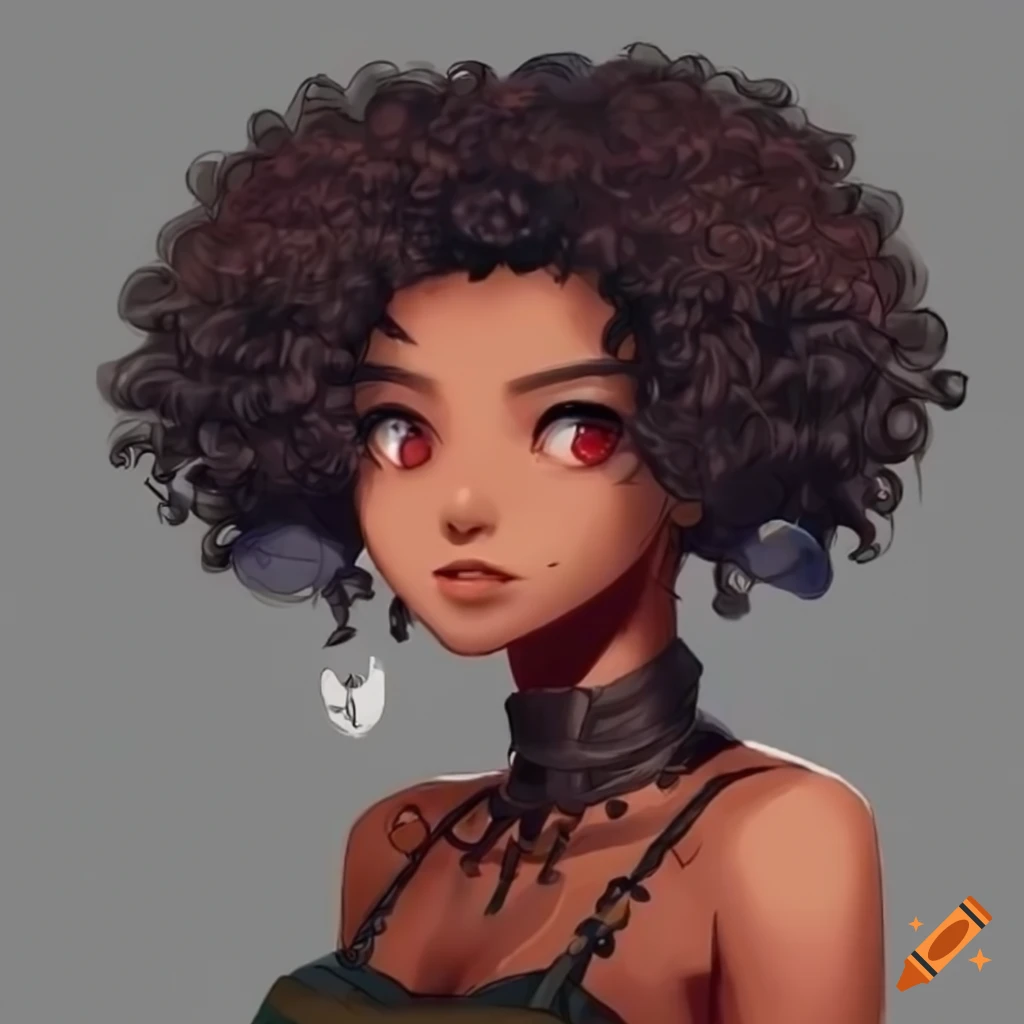Anime-style character with dark brown skin and black curly hair on Craiyon