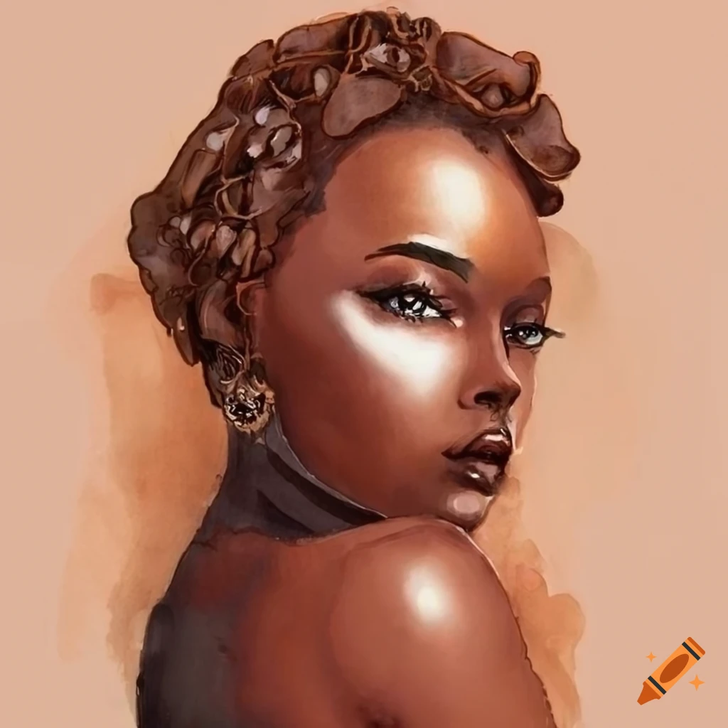Watercolor portrait of a beautiful lady with chocolate brown skin on Craiyon