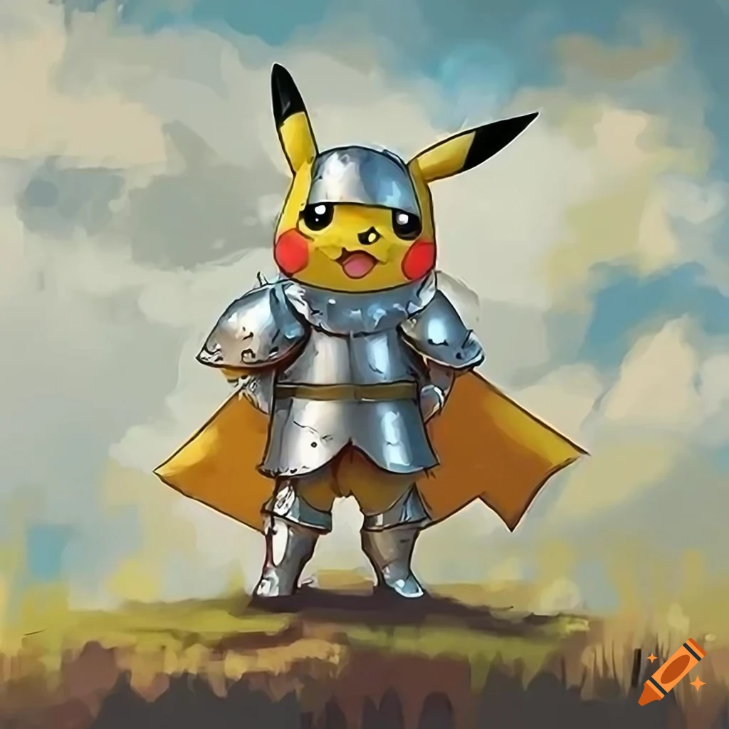 Pikachu in silver medieval armor in epic scenery on Craiyon