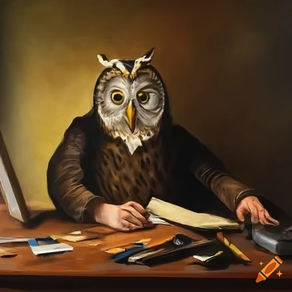 Realistic painting of an owl-man working at a desk