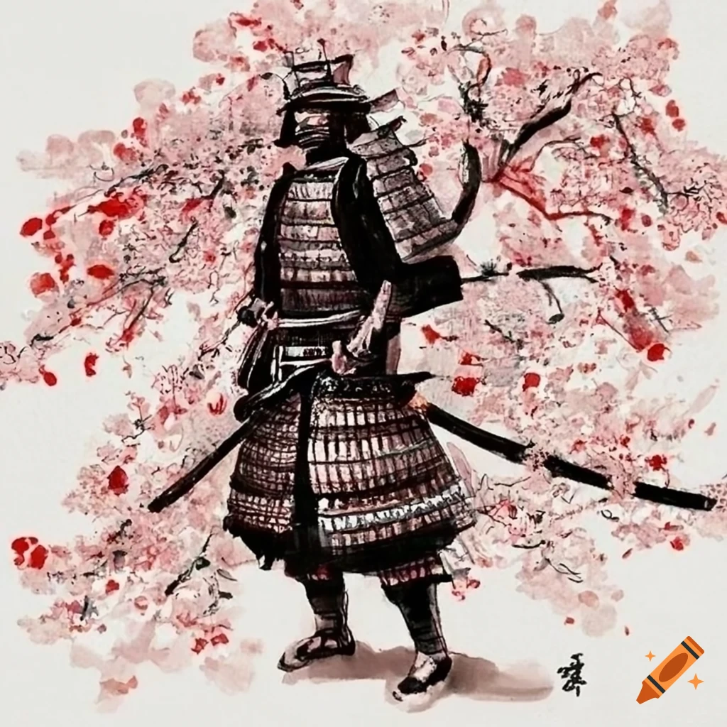 Japanese ink painting of a Samurai in a cherry garden on Craiyon