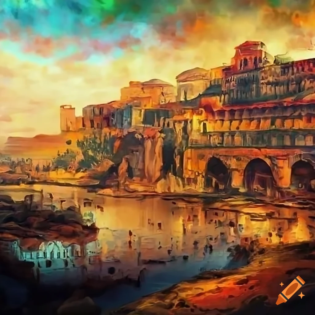 Colorful painting of an ancient roman city on grasslands on Craiyon