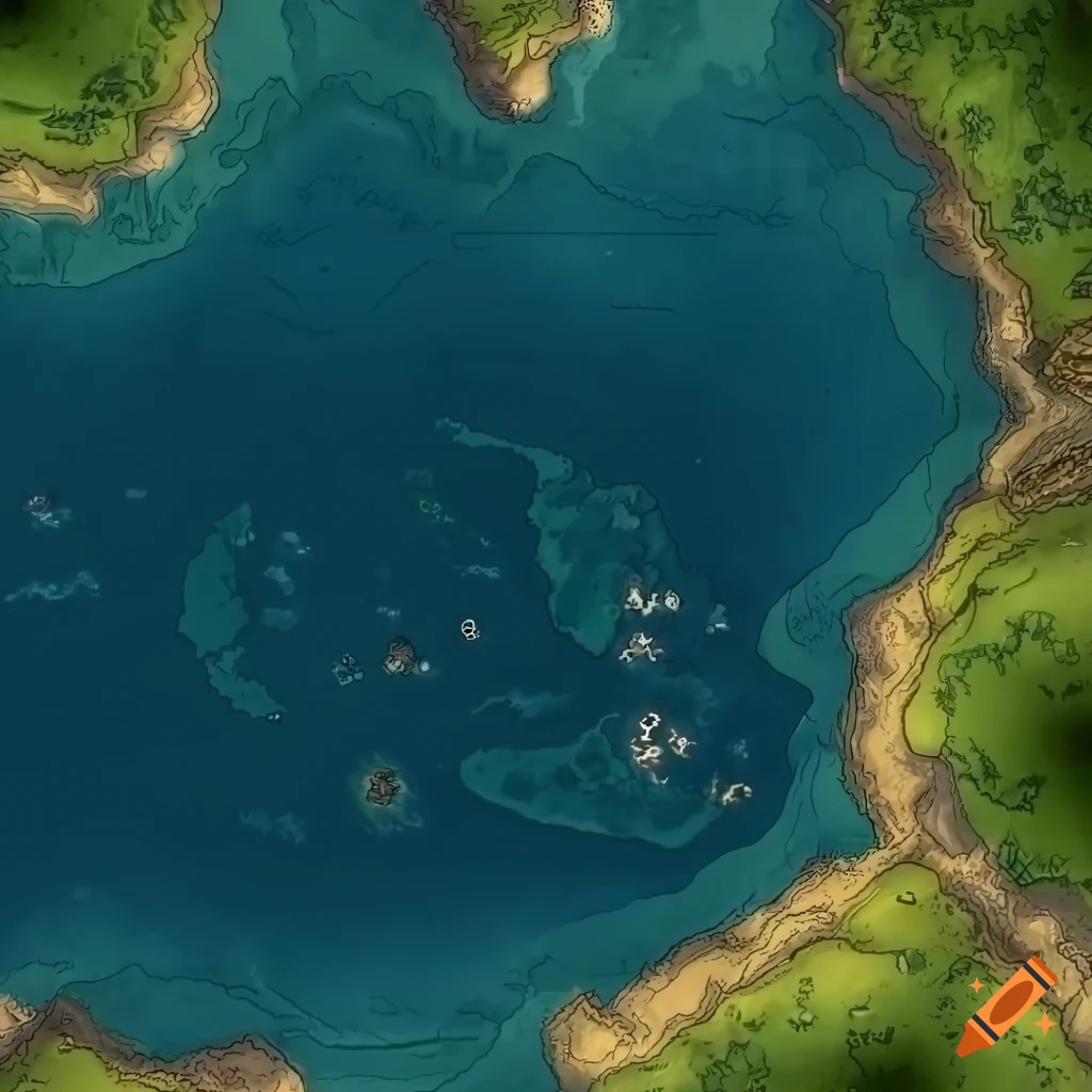 Detailed top-down map for a lake battle in a fantasy setting on Craiyon