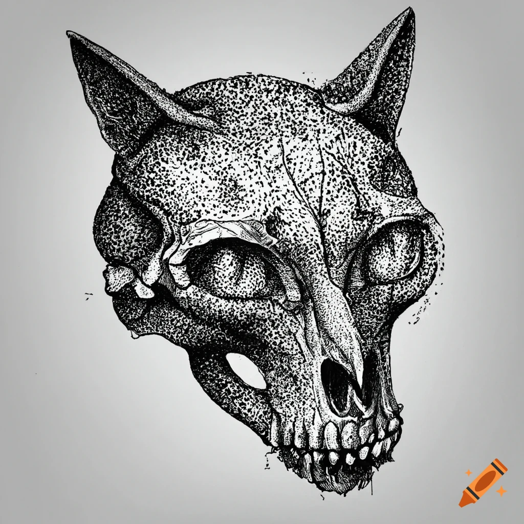 Stipple drawing of a cat skull in pen and ink on Craiyon