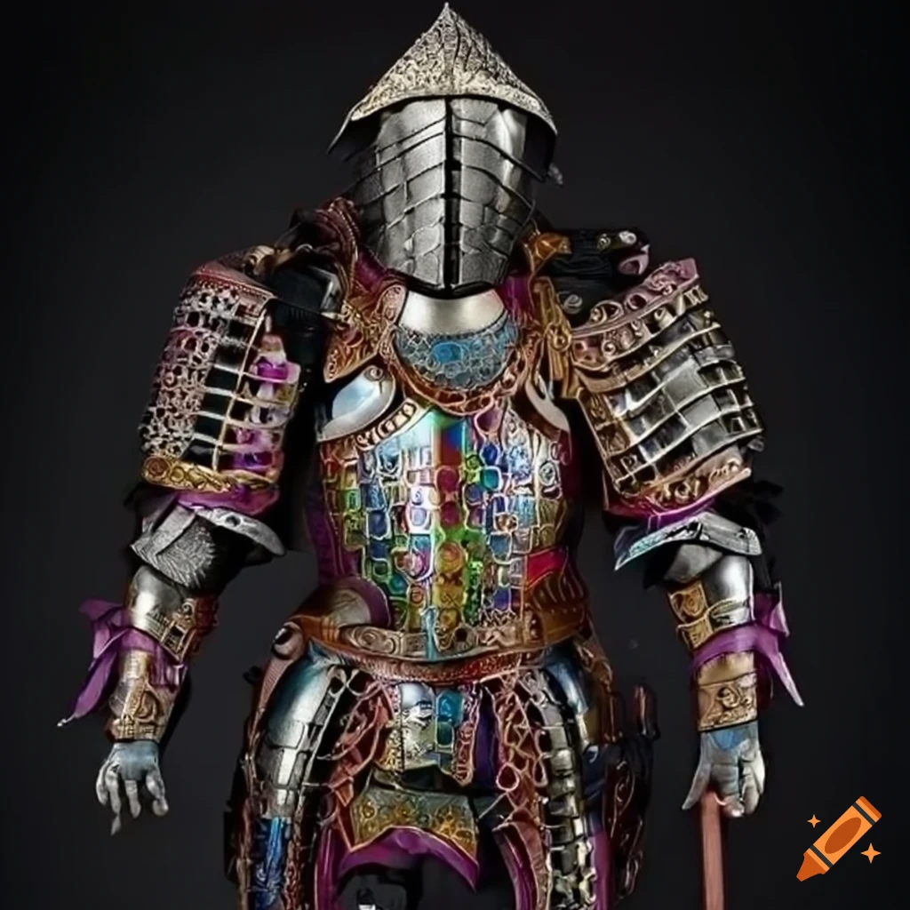 Colorful and intricate alien-inspired medieval armor on Craiyon