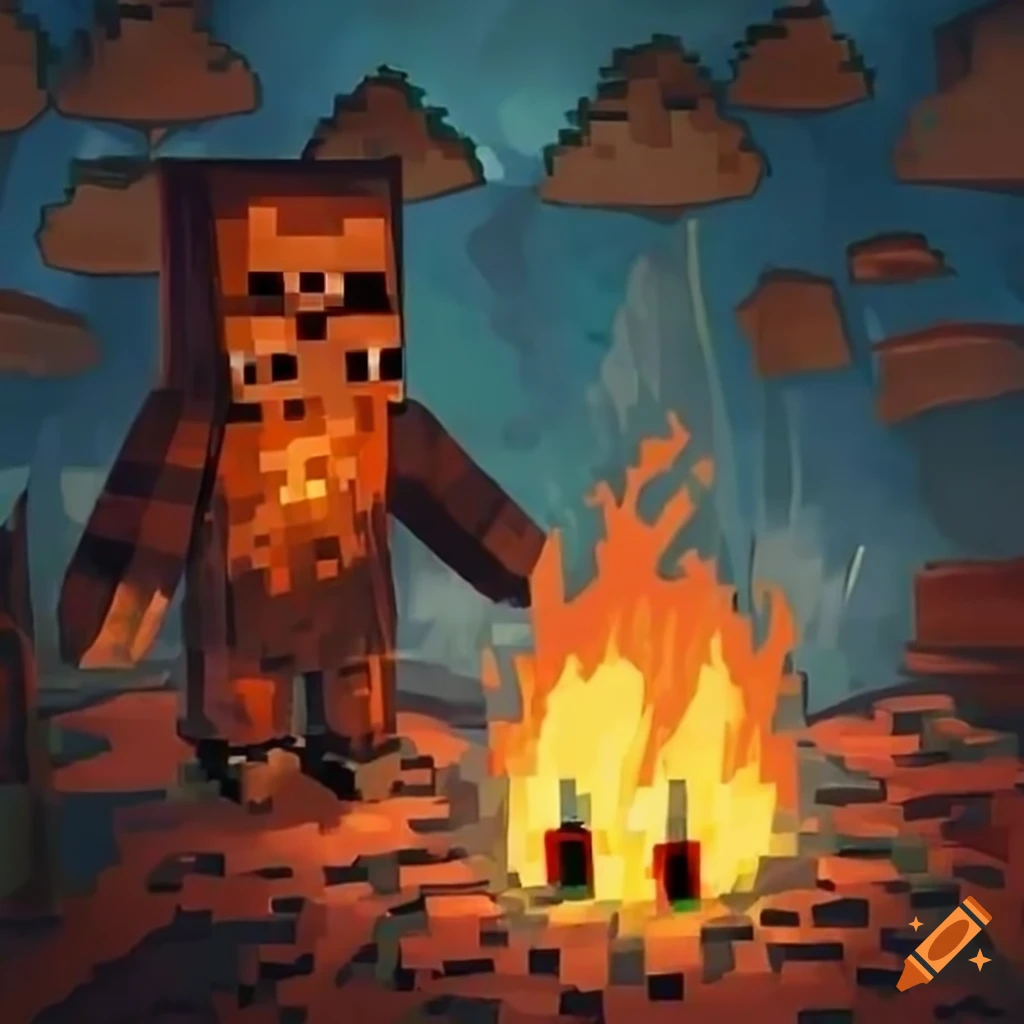 Cave painting of a campfire with minecraft characters