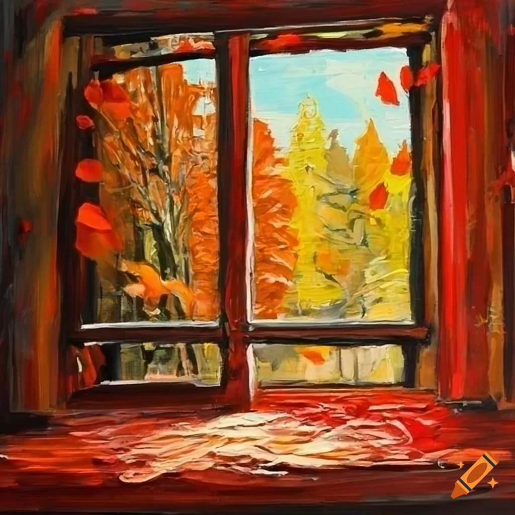 Acrylic painting of a window with fall foliage view on Craiyon