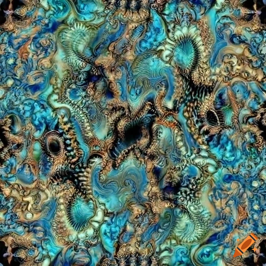 High resolution complex fractal pattern in blue, green, gold, and black ...