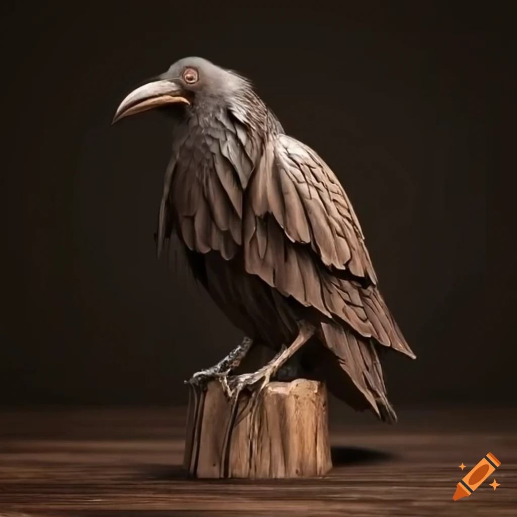 Wooden raven sculpture on Craiyon