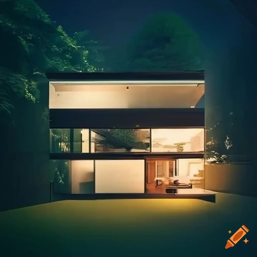 Bauhaus-style modern house with green flat roof and large windows on ...