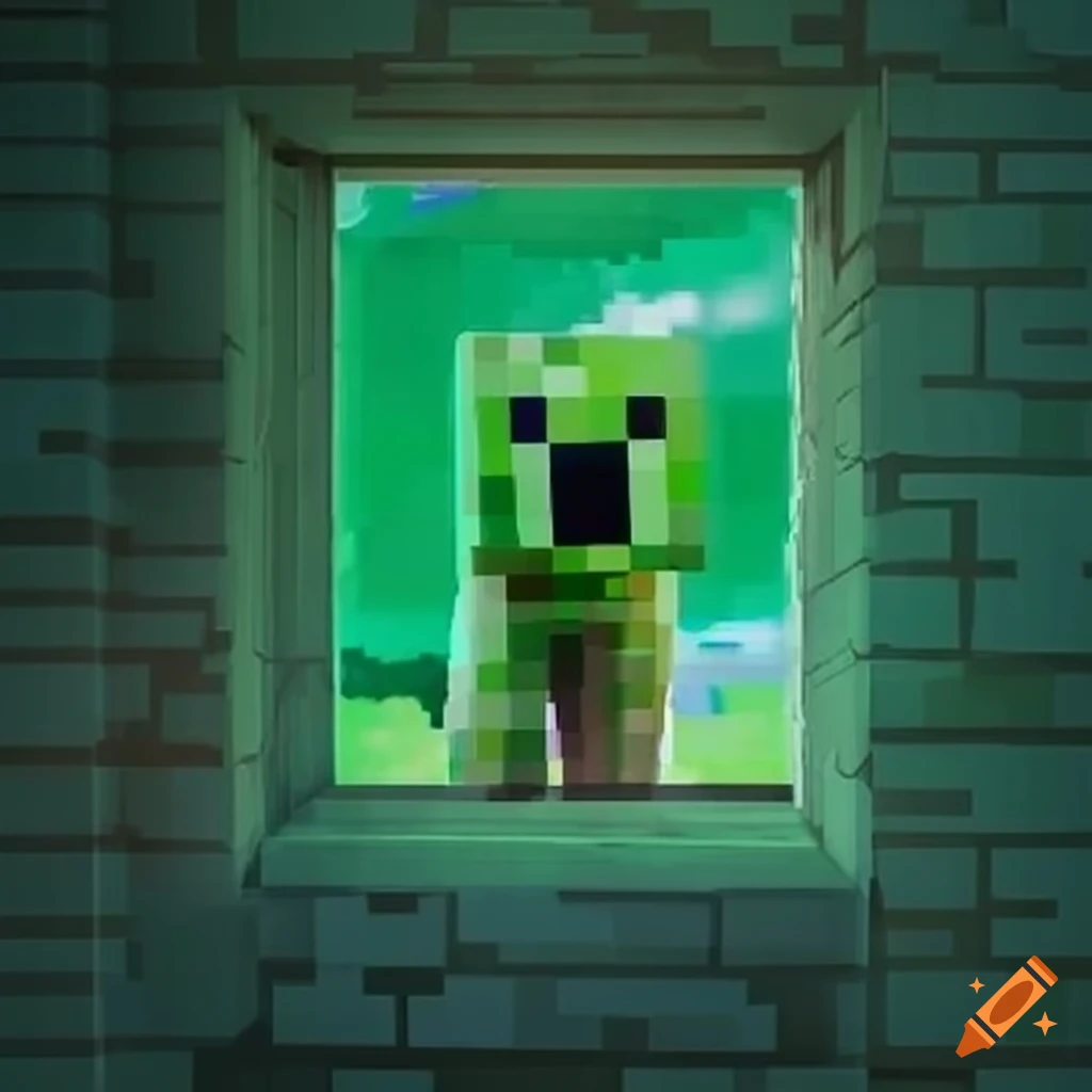 Minecraft creeper peering through a window