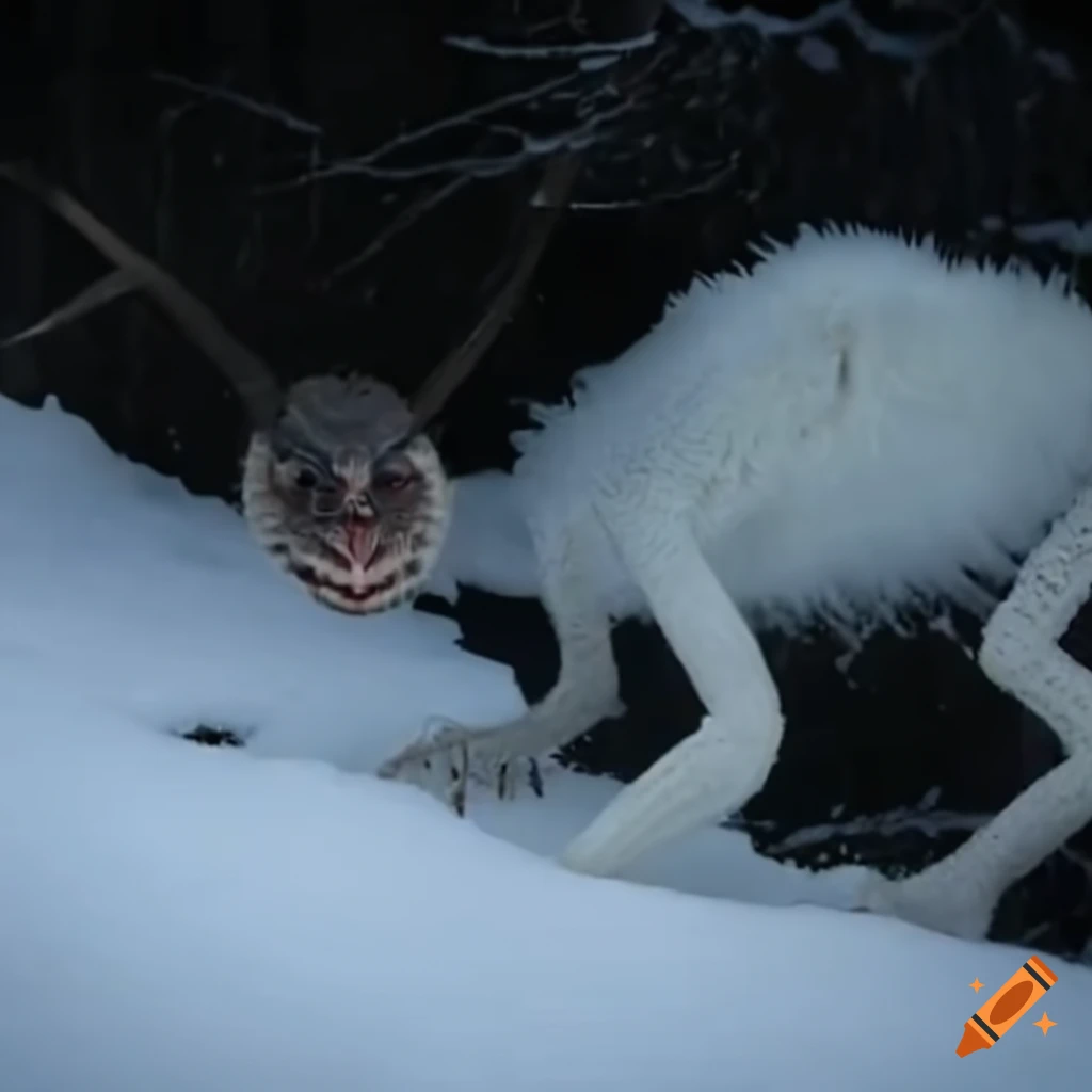 White alien creature in snowy landscape on Craiyon