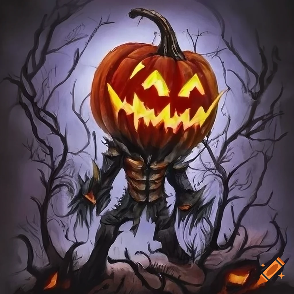 Dark fantasy art of a menacing halloween pumpkin on Craiyon