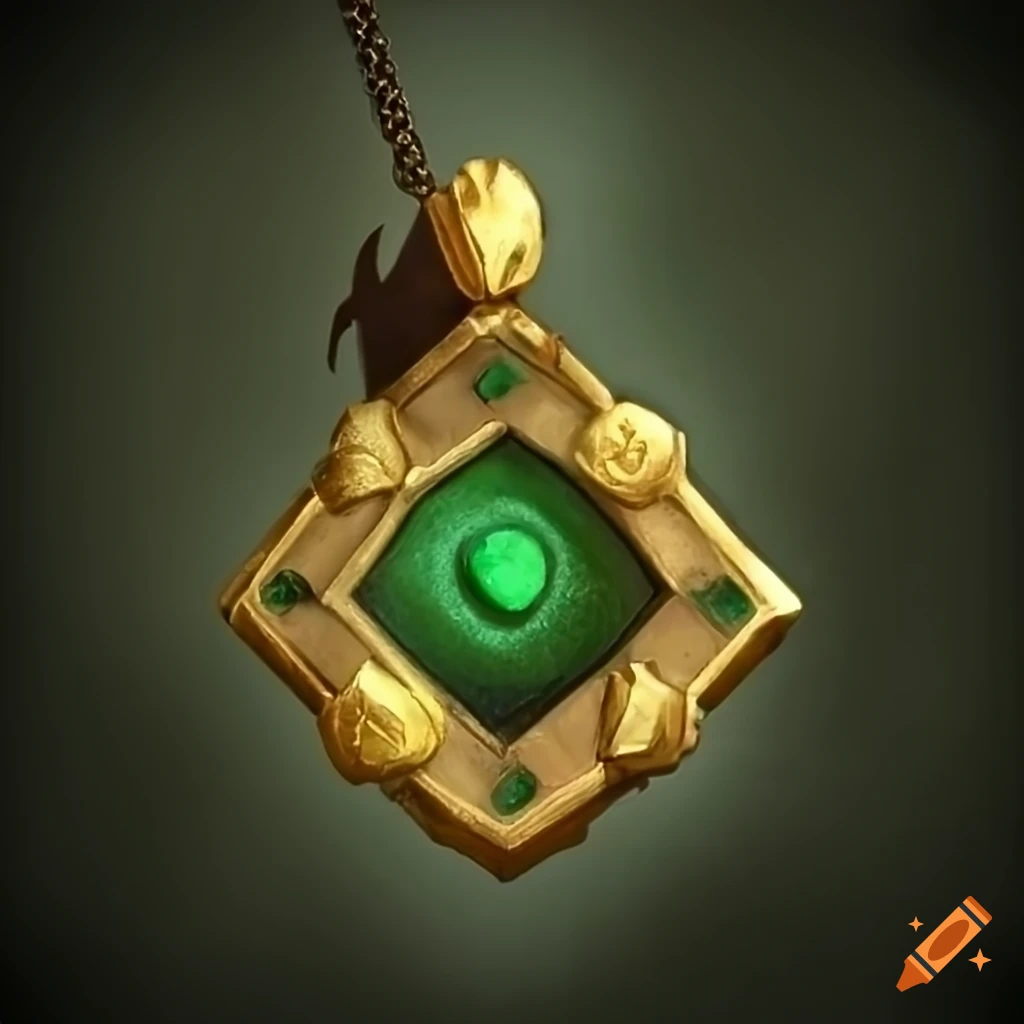 Green and gold fantasy talisman accessory on Craiyon