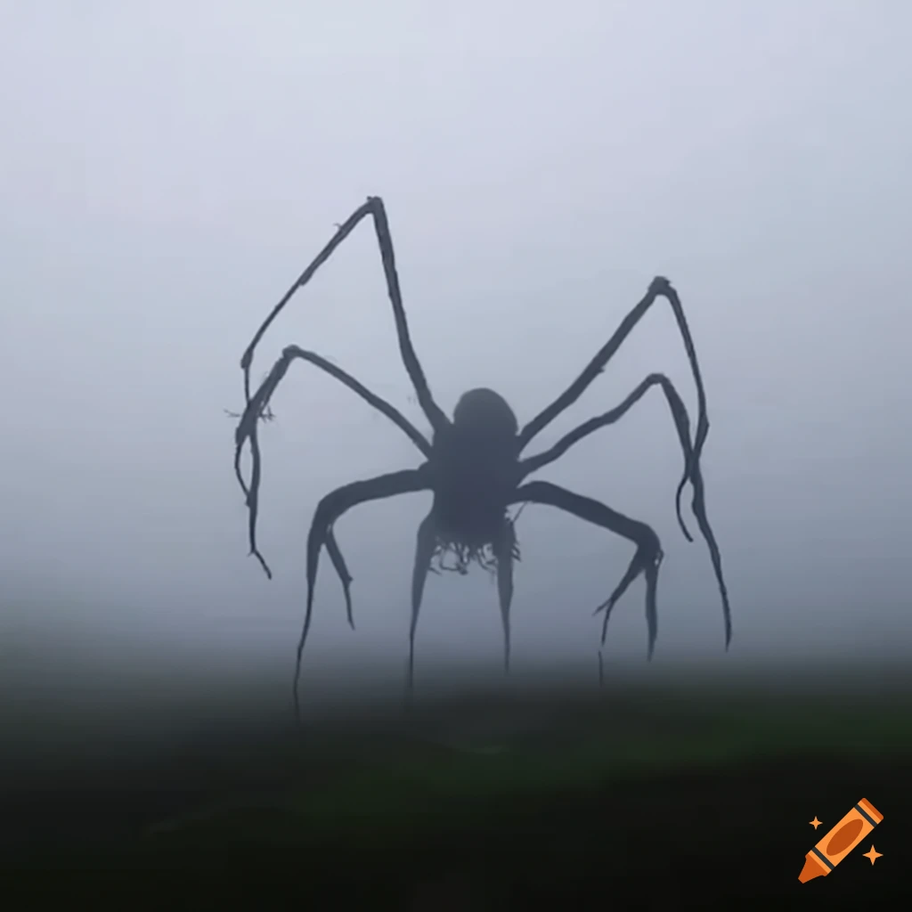 Image of a giant spider-like creature in mist over a town on Craiyon