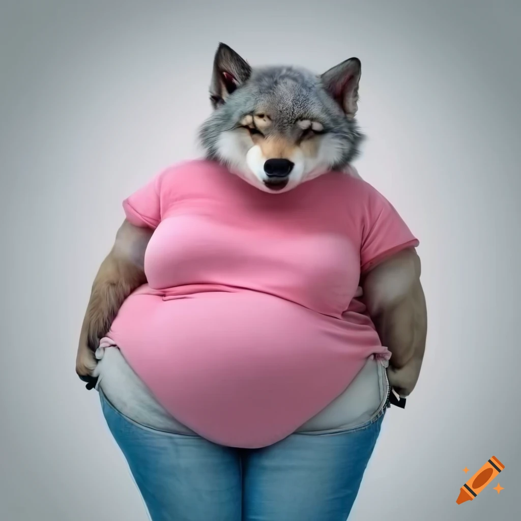 Illustration of a chubby female wolf in pink t-shirt and denim pants on ...