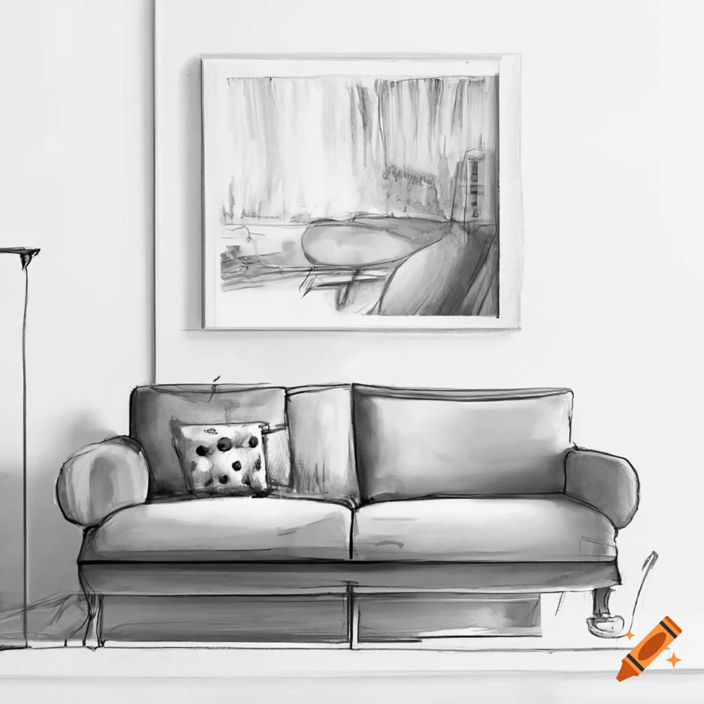 Pencil sketch of a living room on Craiyon