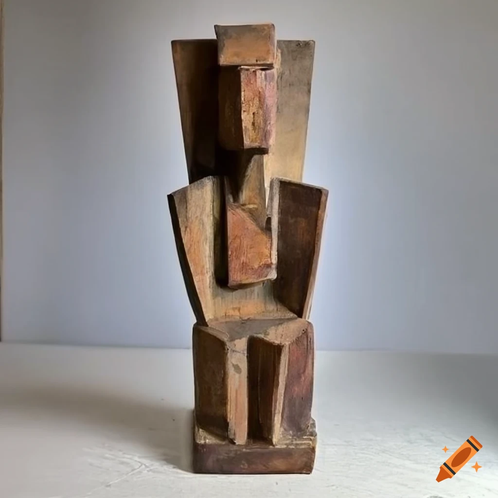 Weathered wooden sculpture in cubist style on Craiyon