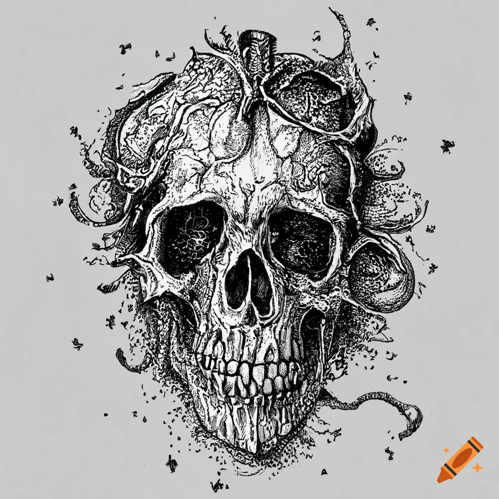 Stippled illustration of a hydralisk skull on Craiyon