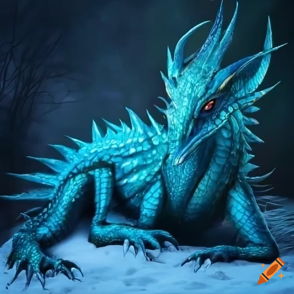Cyan dragon resting on snowy landscape on Craiyon
