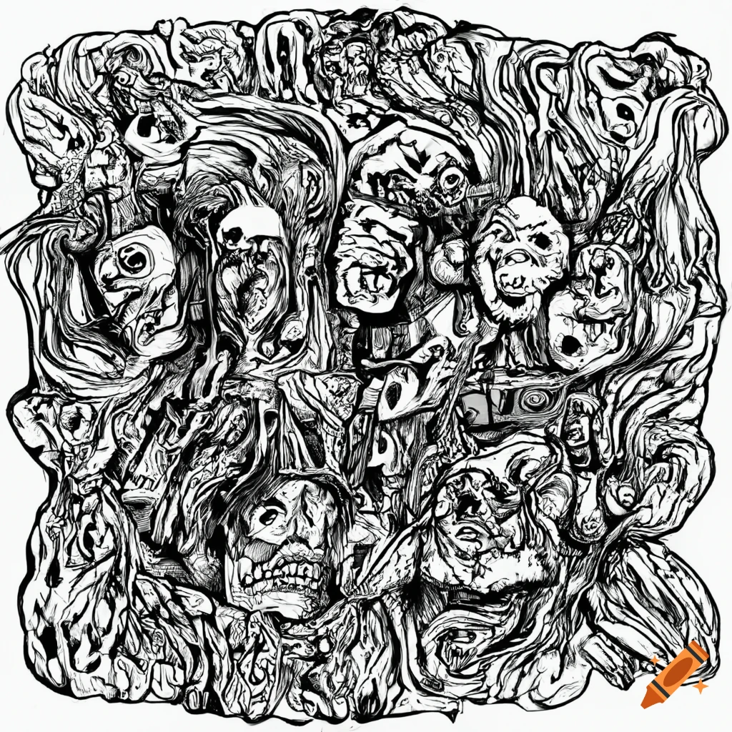 Black and white drawing of connected zombies on Craiyon