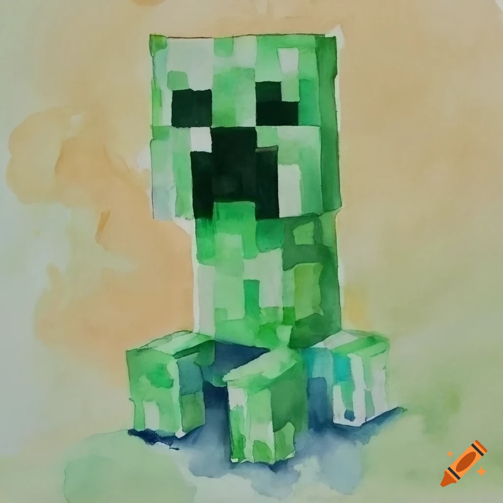 Watercolor painting of a minecraft creeper