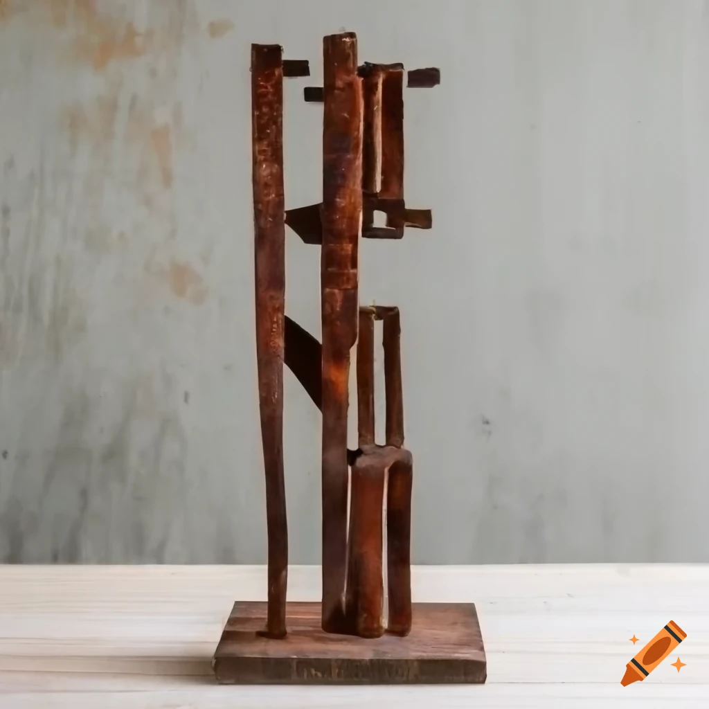 Abstract rusted metal sculpture on wooden base on Craiyon