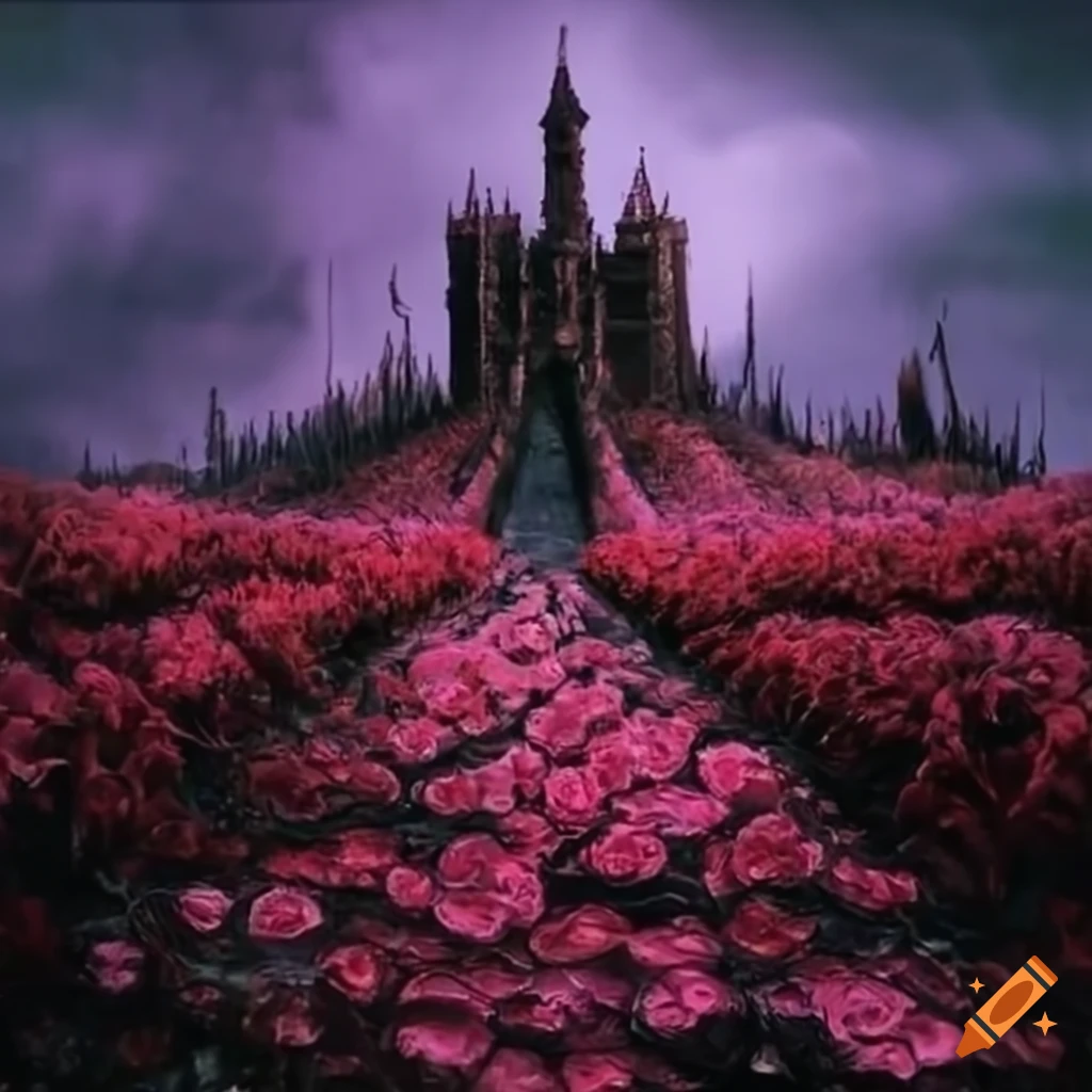 Stephen King's Dark Tower with roses field on Craiyon