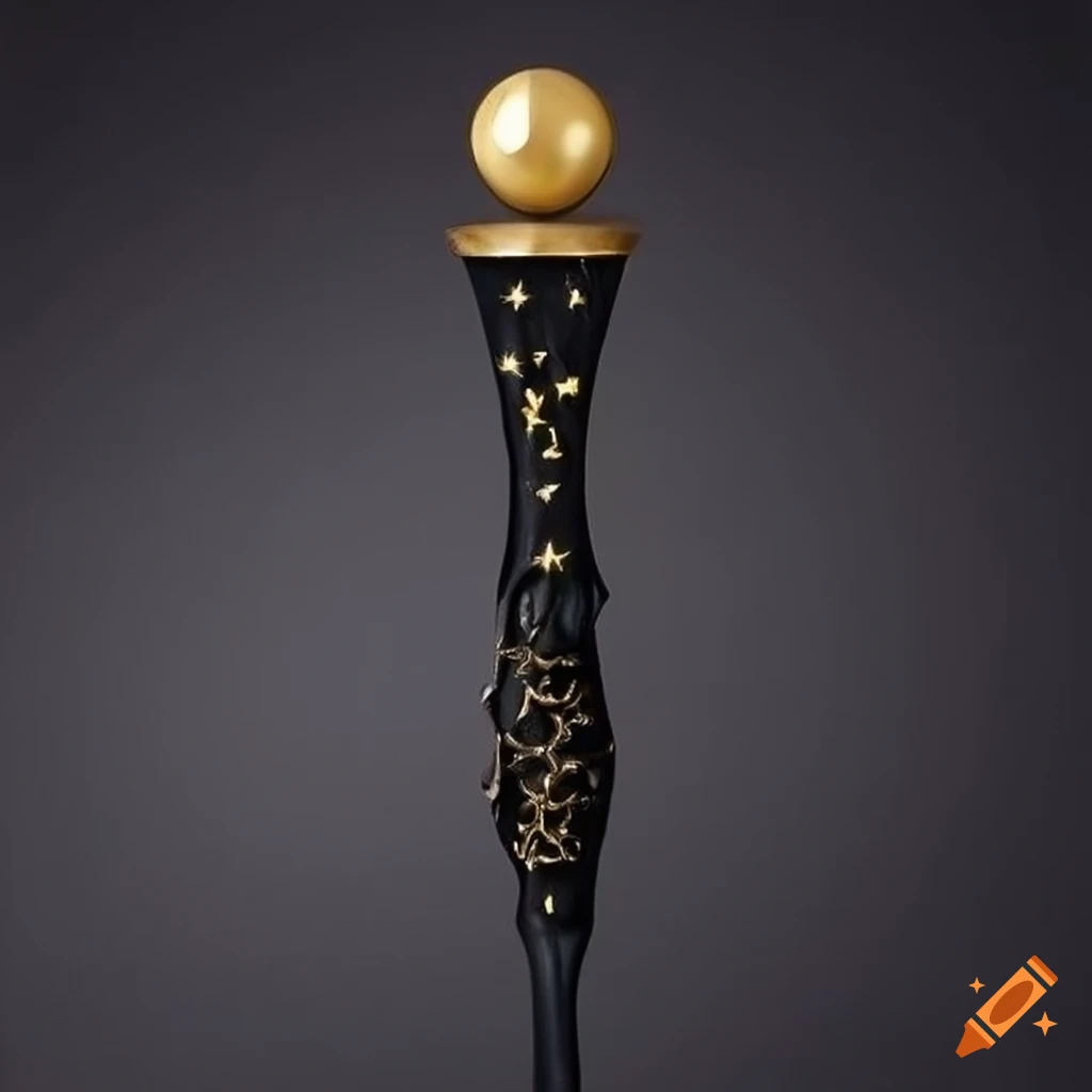 Elegant celestial-inspired wand with black wood and golden accents on ...