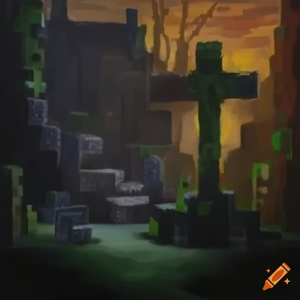 Acrylic painting of a haunted Minecraft graveyard on Craiyon