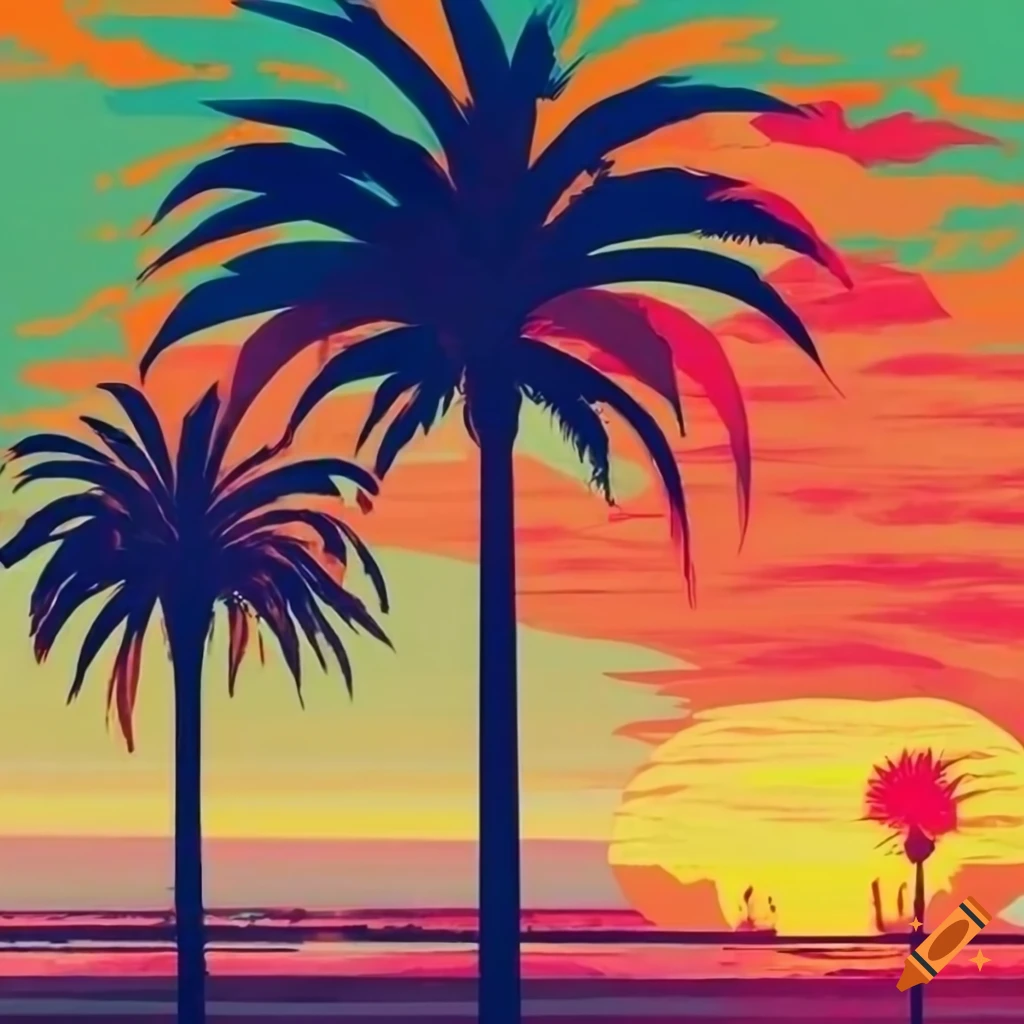 Vintage travel poster of san diego with palm trees and sunset on Craiyon