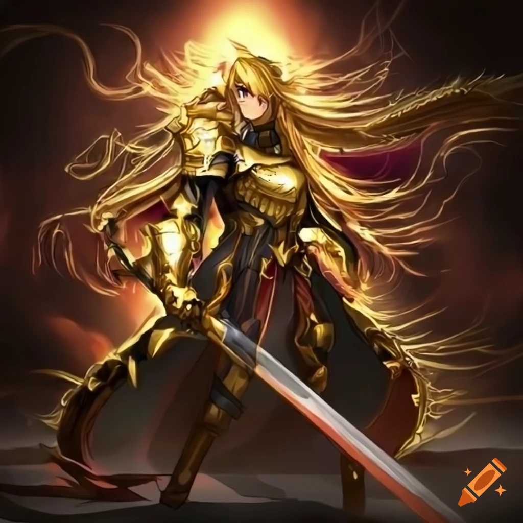 Anime warrior with golden armor and sword on Craiyon