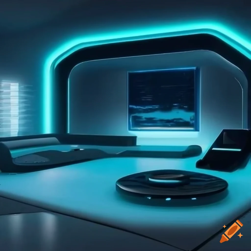 Futuristic living room with high-tech computer running a game on Craiyon