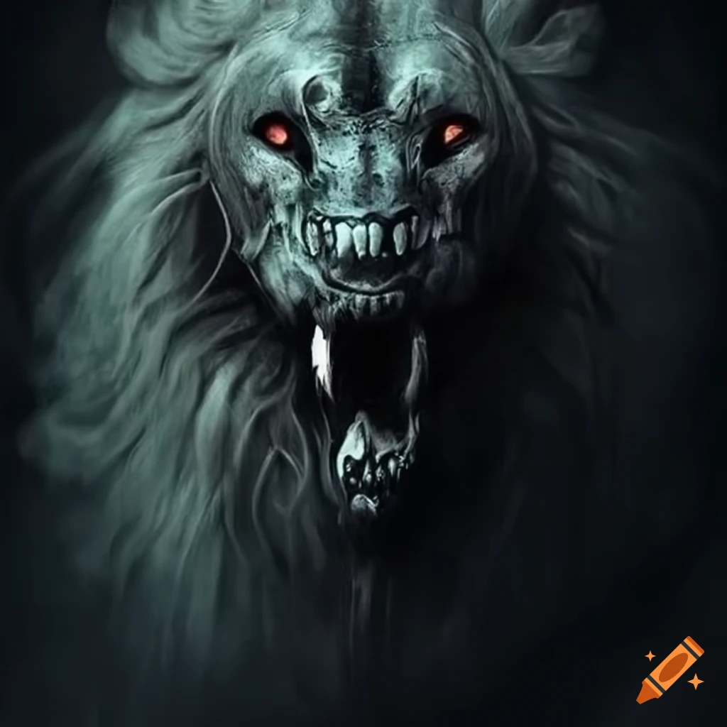 Eerie artwork of a black lion skull emitting darkness on Craiyon