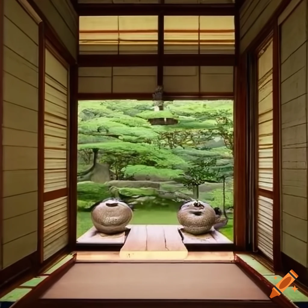 Japanese washitsu-style room with circular door and garden view on Craiyon