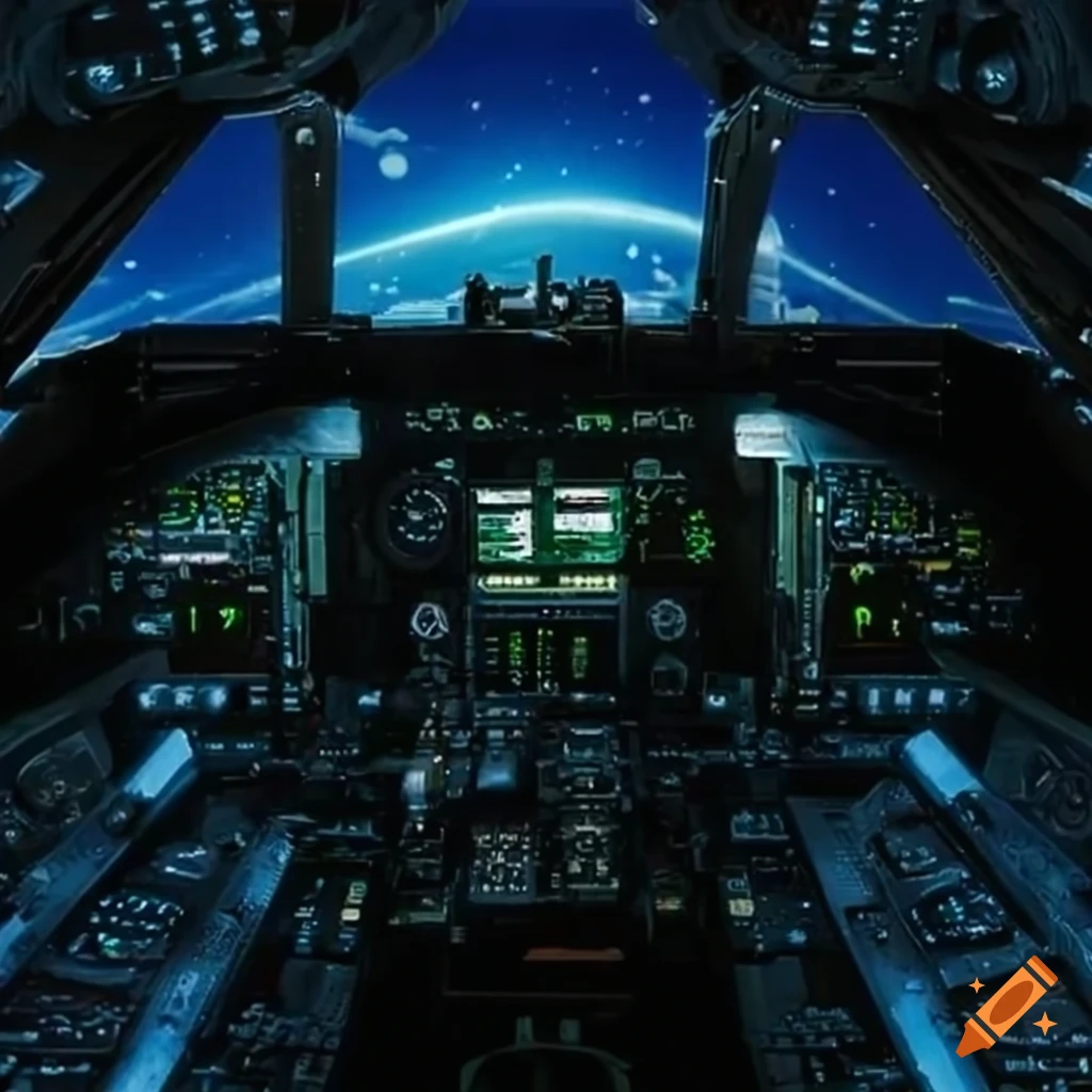 Inside view of a fighter spaceship cockpit on Craiyon