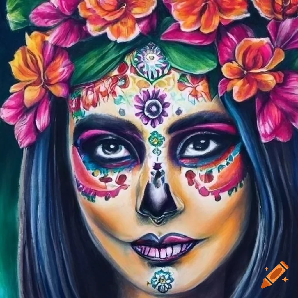 Hyper realistic colored pencil drawing of a Mexican woman with sugar ...