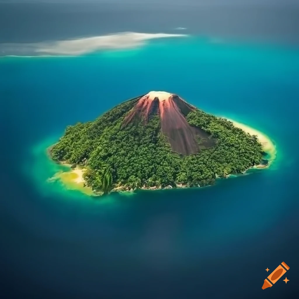 Aerial view of a tropical island with a volcano and forest on Craiyon