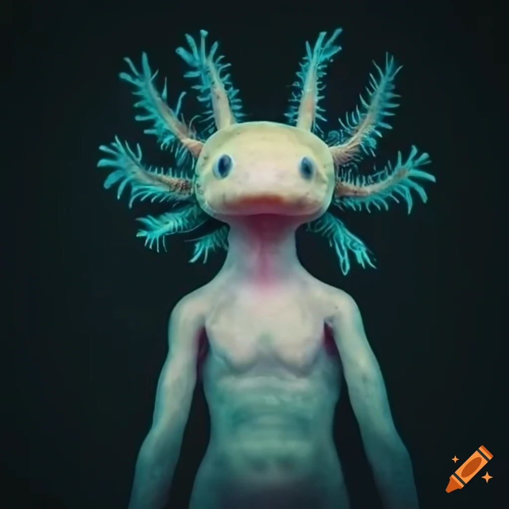 Image of a mystical humanoid axolotl with people around on Craiyon