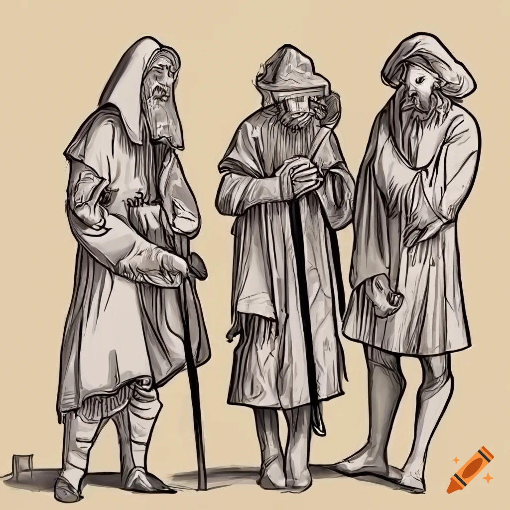 Medieval style line art of a group of beggars on Craiyon