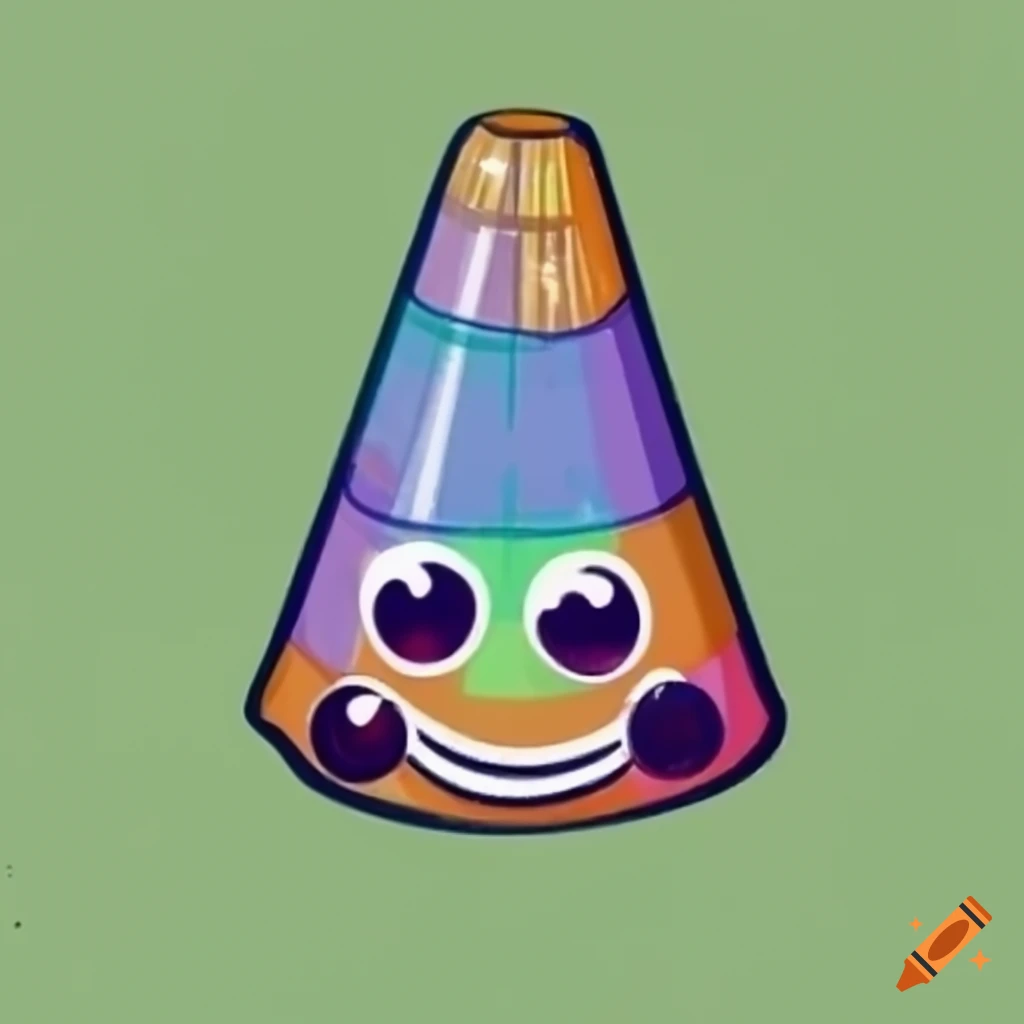 Cartoon drawing of a happy cone shape in a colorful forest on Craiyon