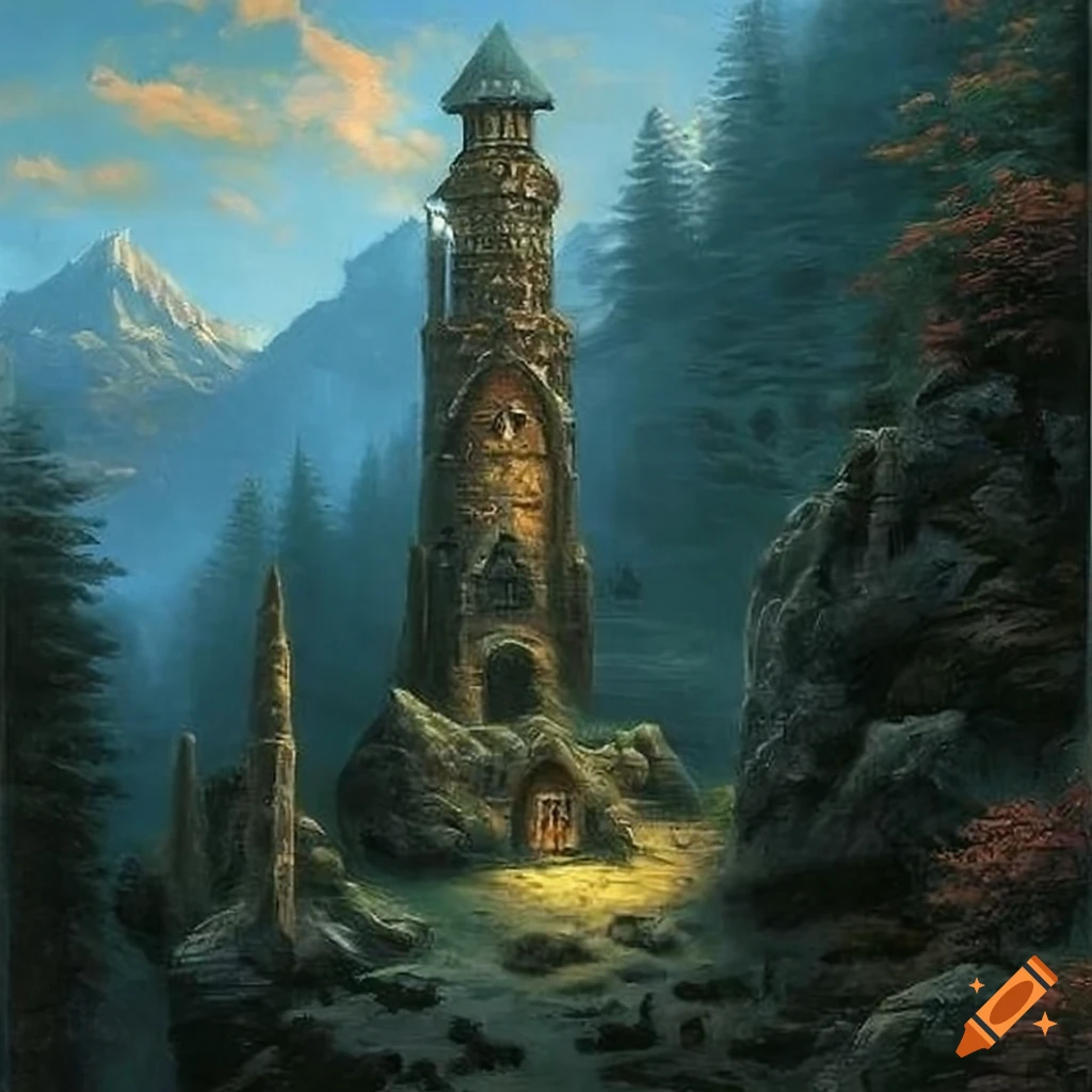 Painting of a mysterious wizards tower in a forest on Craiyon
