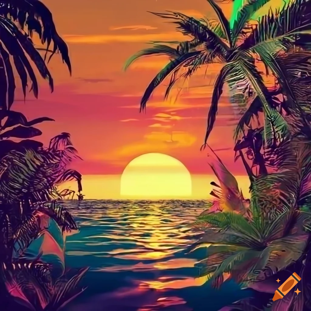 Psychedelic jungle with palm trees and sunset on Craiyon