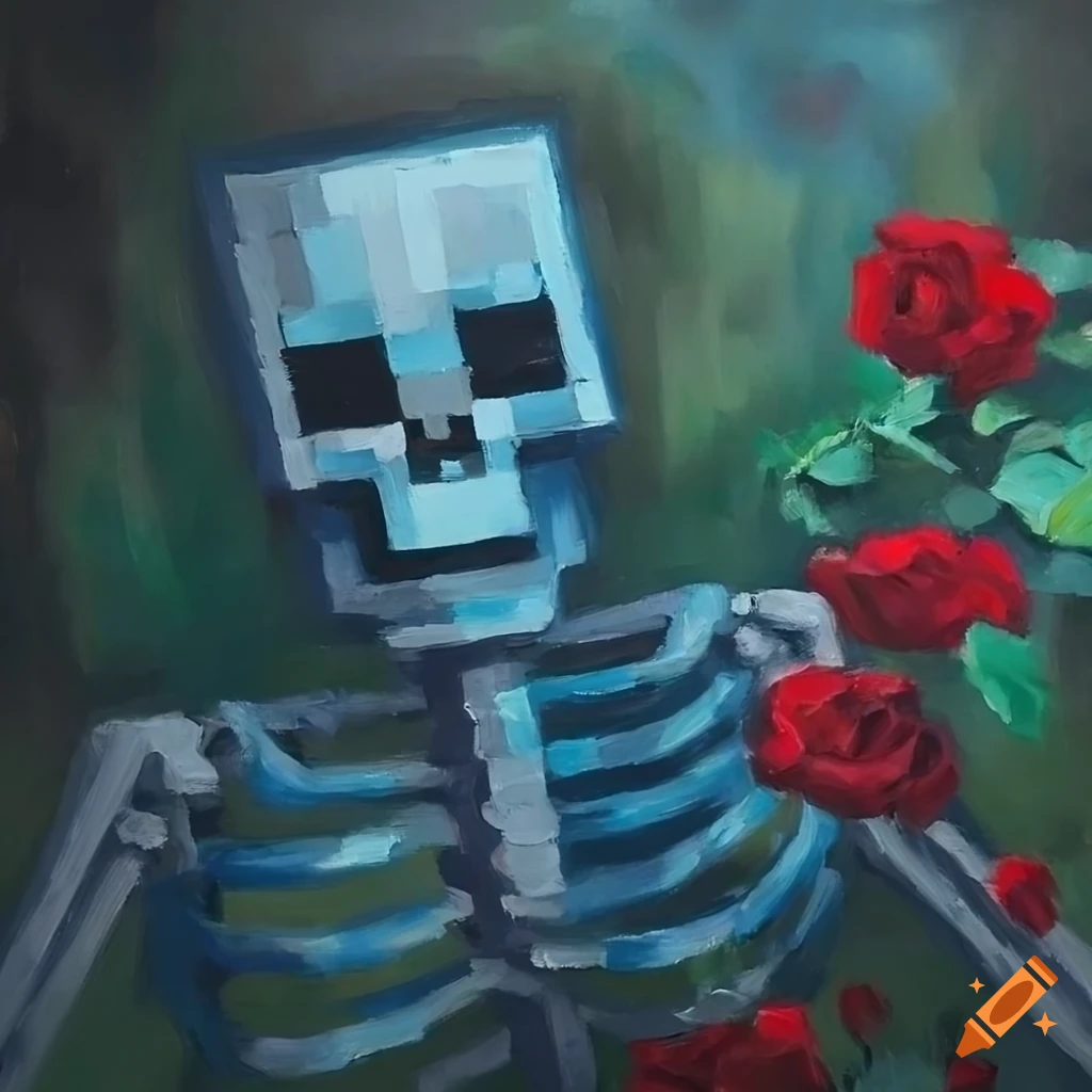 Haunting oil painting of a blue minecraft skeleton in a rose garden on ...